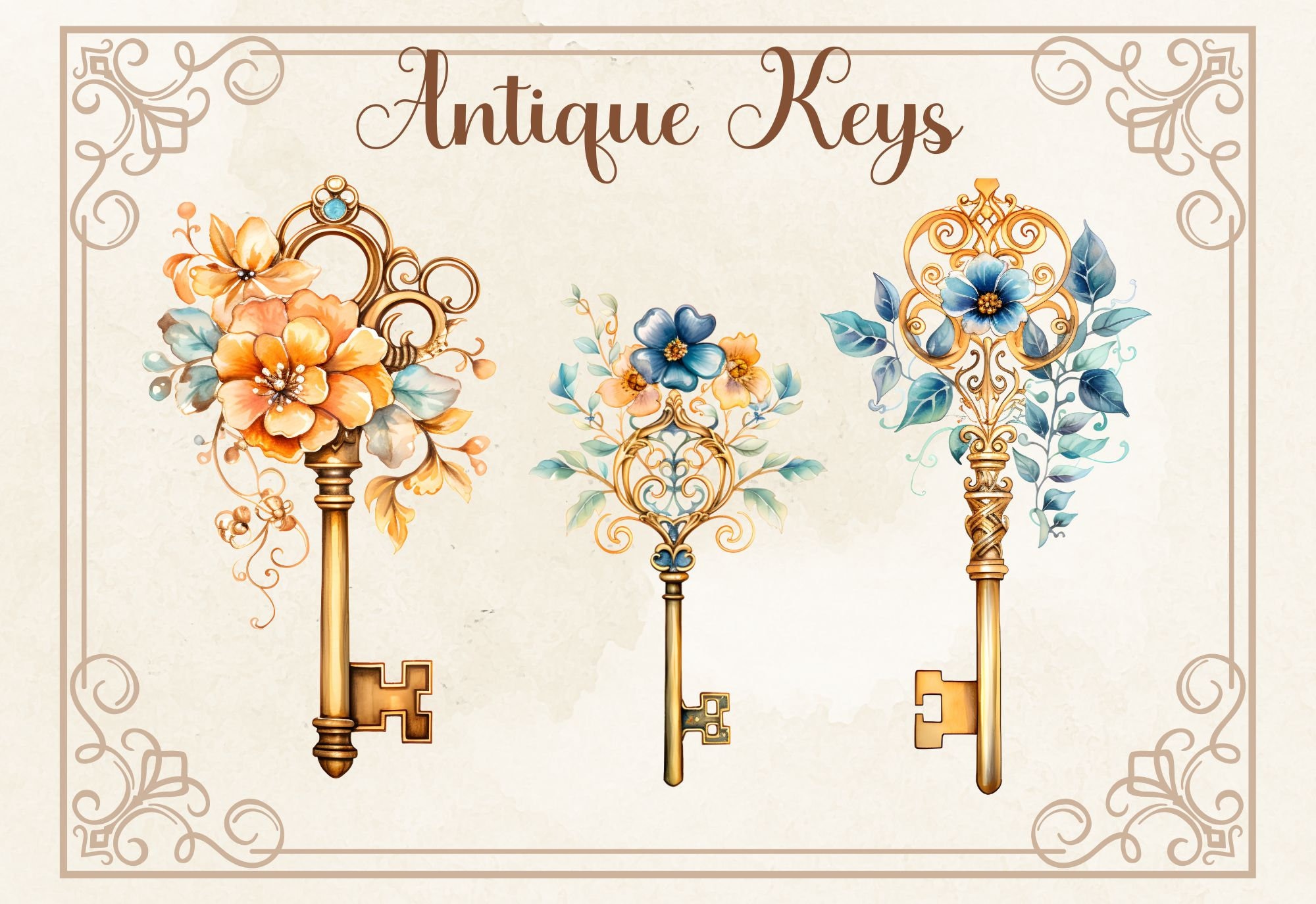 Watercolor Antique Key Clipart, Watercolor Skeleton Key, Floral Key ...