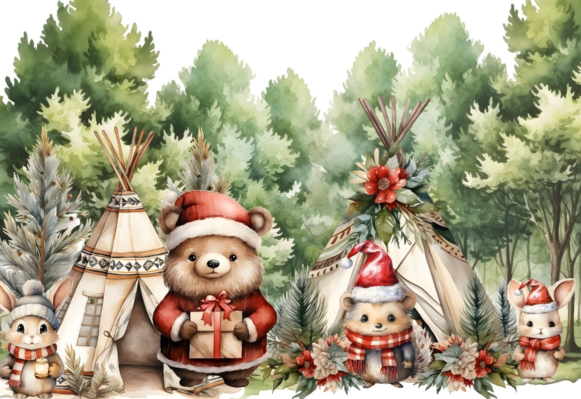 Woodland Christmas Clipart, Watercolor Winter Christmas Animals, Cute ...