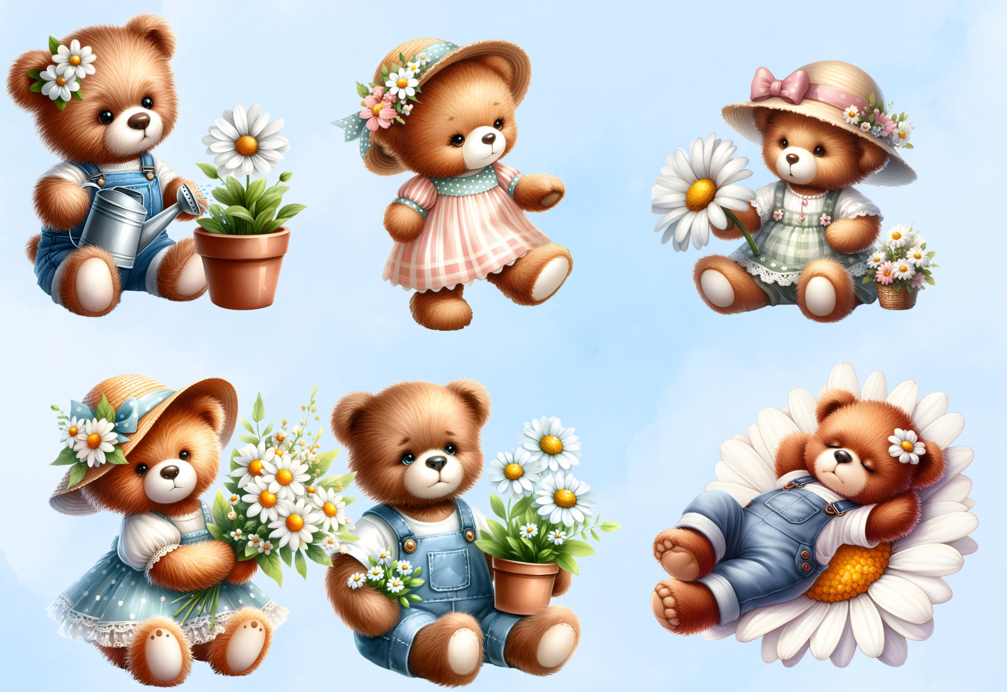 Watercolor Spring Daisy Bear Clipart, Cute Bear Clipart, Daisy Flower ...