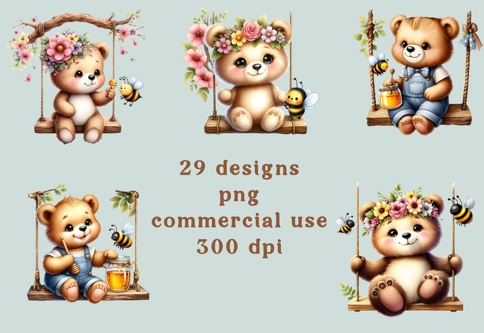 Watercolor Honey Bear Bumble Bee Clipart, Swinging Teddy Bear, Honey ...