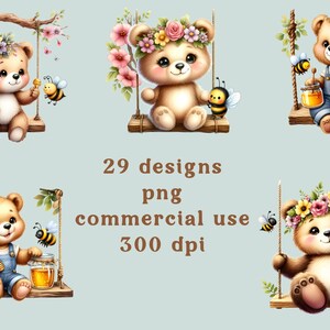 Watercolor Honey Bear Bumble Bee Clipart, Swinging Teddy Bear, Honey ...