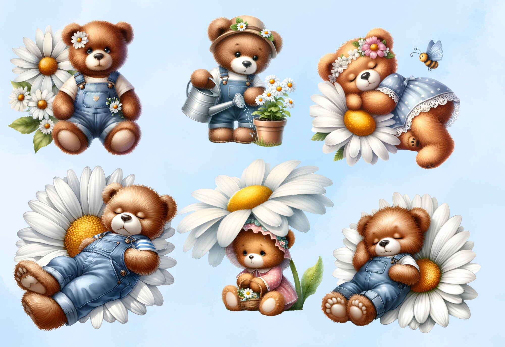 Watercolor Spring Daisy Bear Clipart, Cute Bear Clipart, Daisy Flower ...