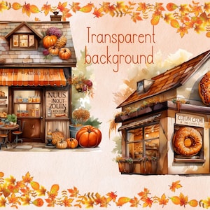 Watercolor Fall Storefronts Clipart - Cute Autumn Shops - PNG- Bakery ...