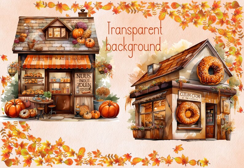 Watercolor Fall Storefronts Clipart Cute Autumn Shops PNG Bakery ...