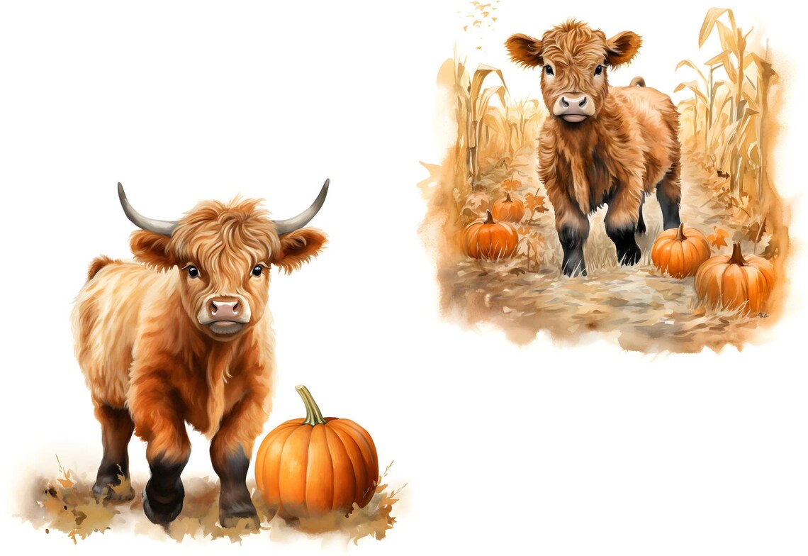 Highland Cow Fall Pumpkin Clipart Png Nursery Print Highland - Etsy