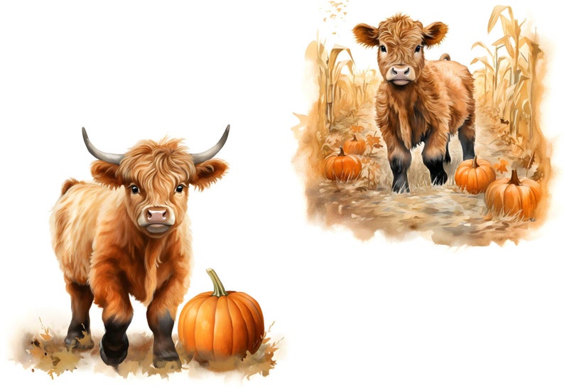 Highland Cow Fall Pumpkin Clipart Png Nursery Print Highland - Etsy