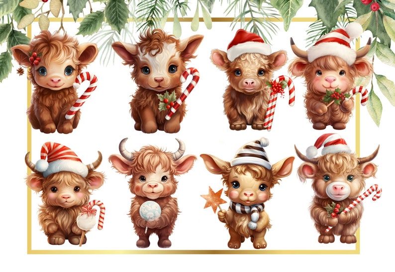 Highland Cow Christmas Clipart Png, Nursery Print, Highland Cow Winter ...