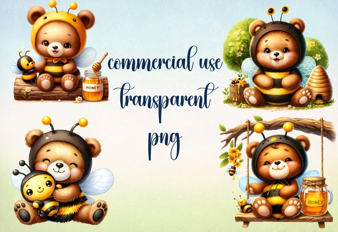 Watercolor Bumble Bee Bear Clipart, Cute Bear Clipart, Bumble Bee ...