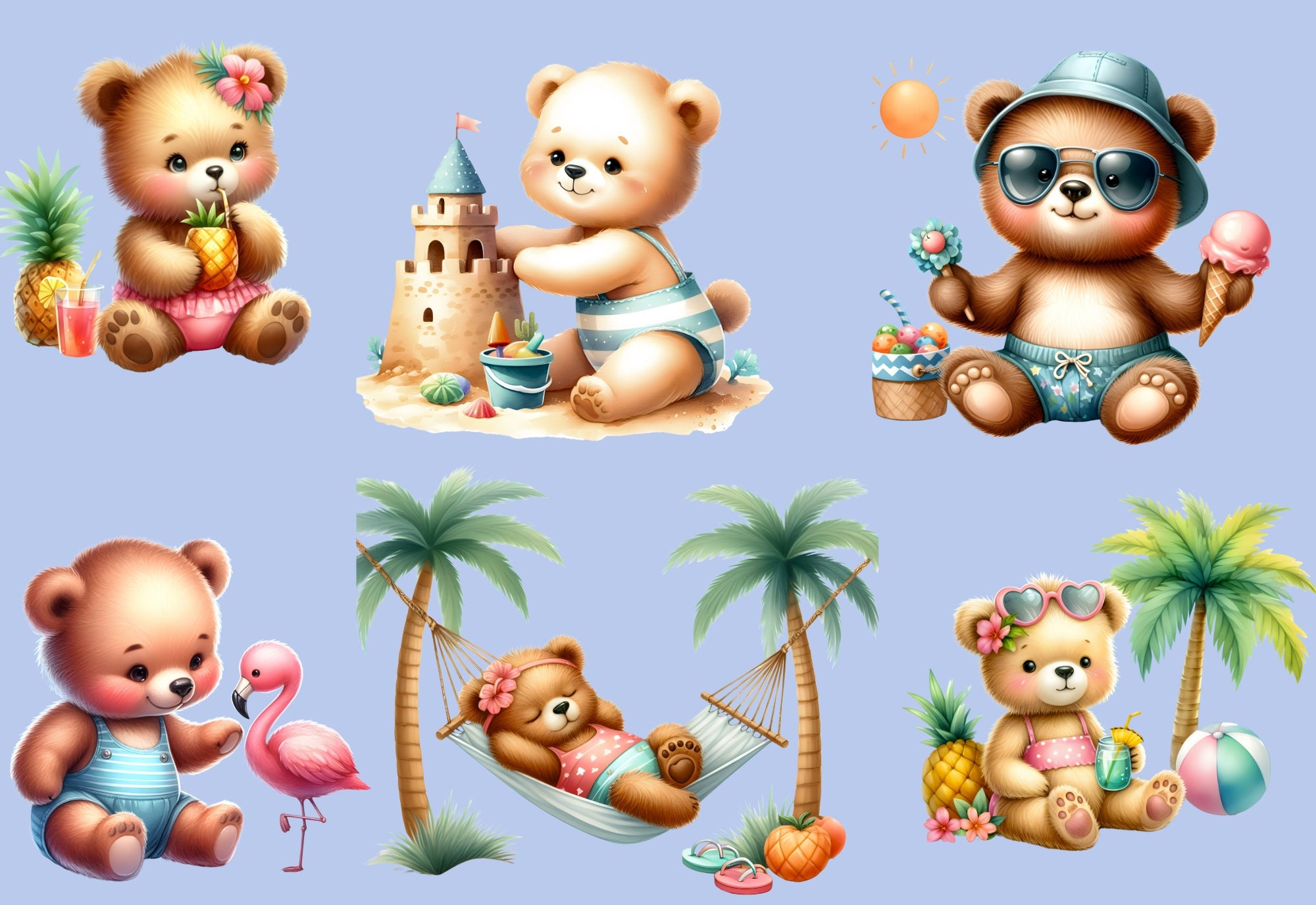 Watercolor Cute Summer Bear Clipart, Summertime Bear Clipart ...