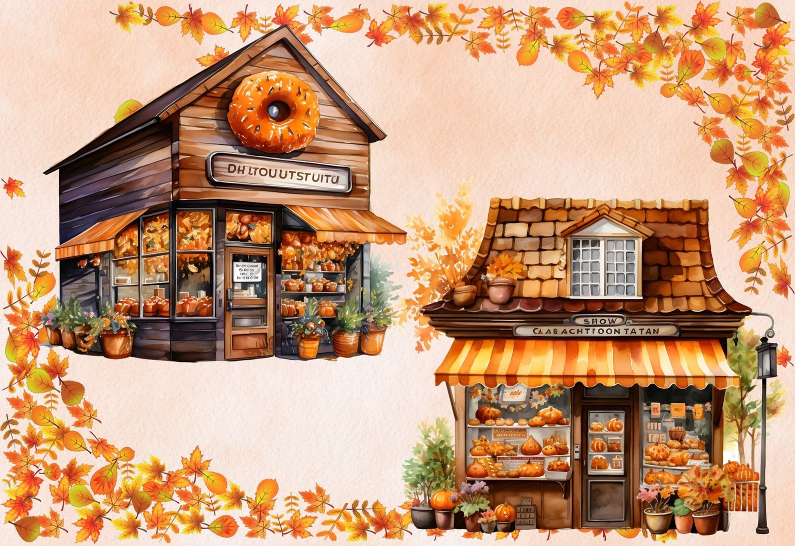 Watercolor Fall Storefronts Clipart Cute Autumn Shops PNG - Etsy