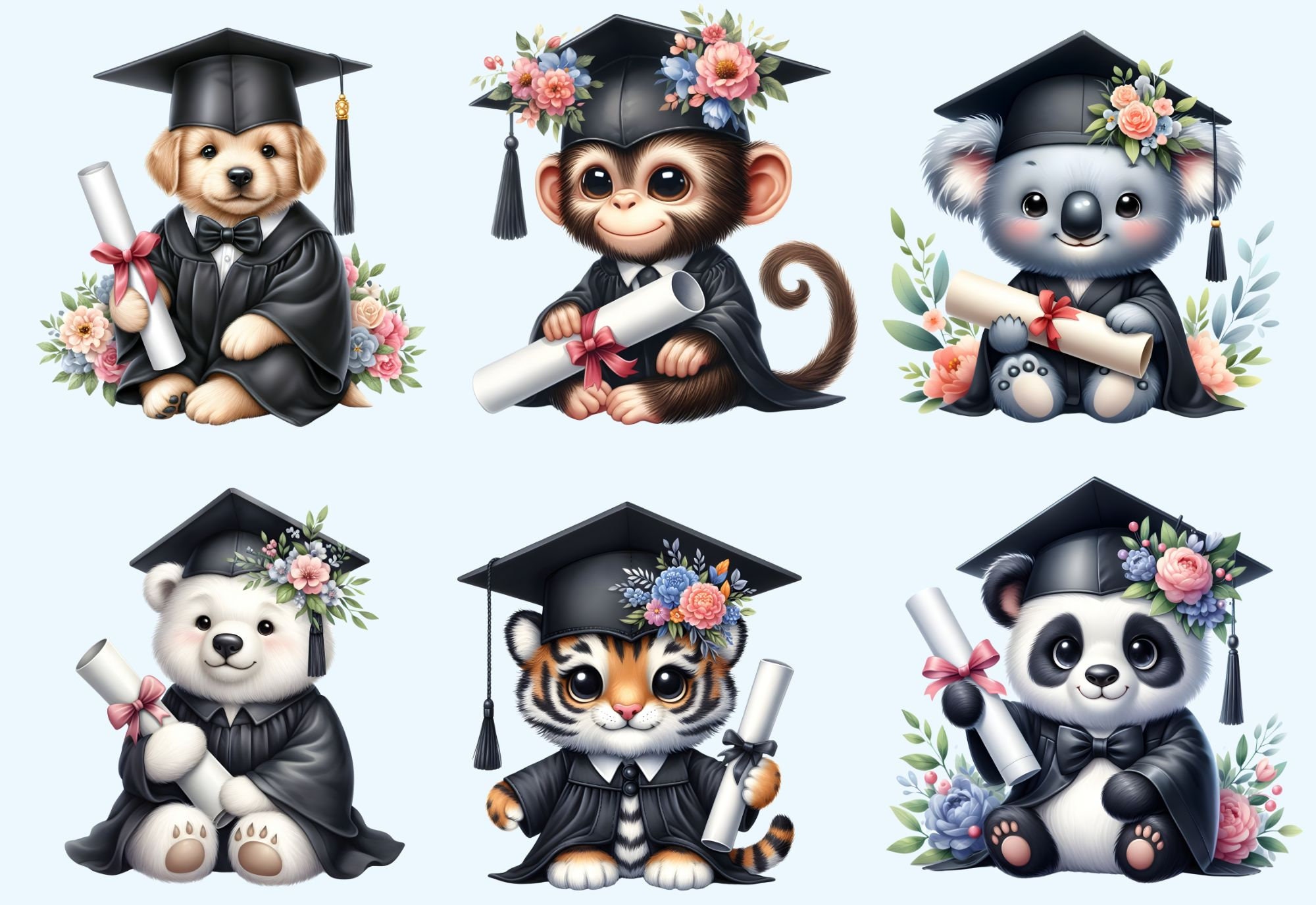 Watercolor Graduation Clipart PNG Bundle, Cute Animal Clipart ...