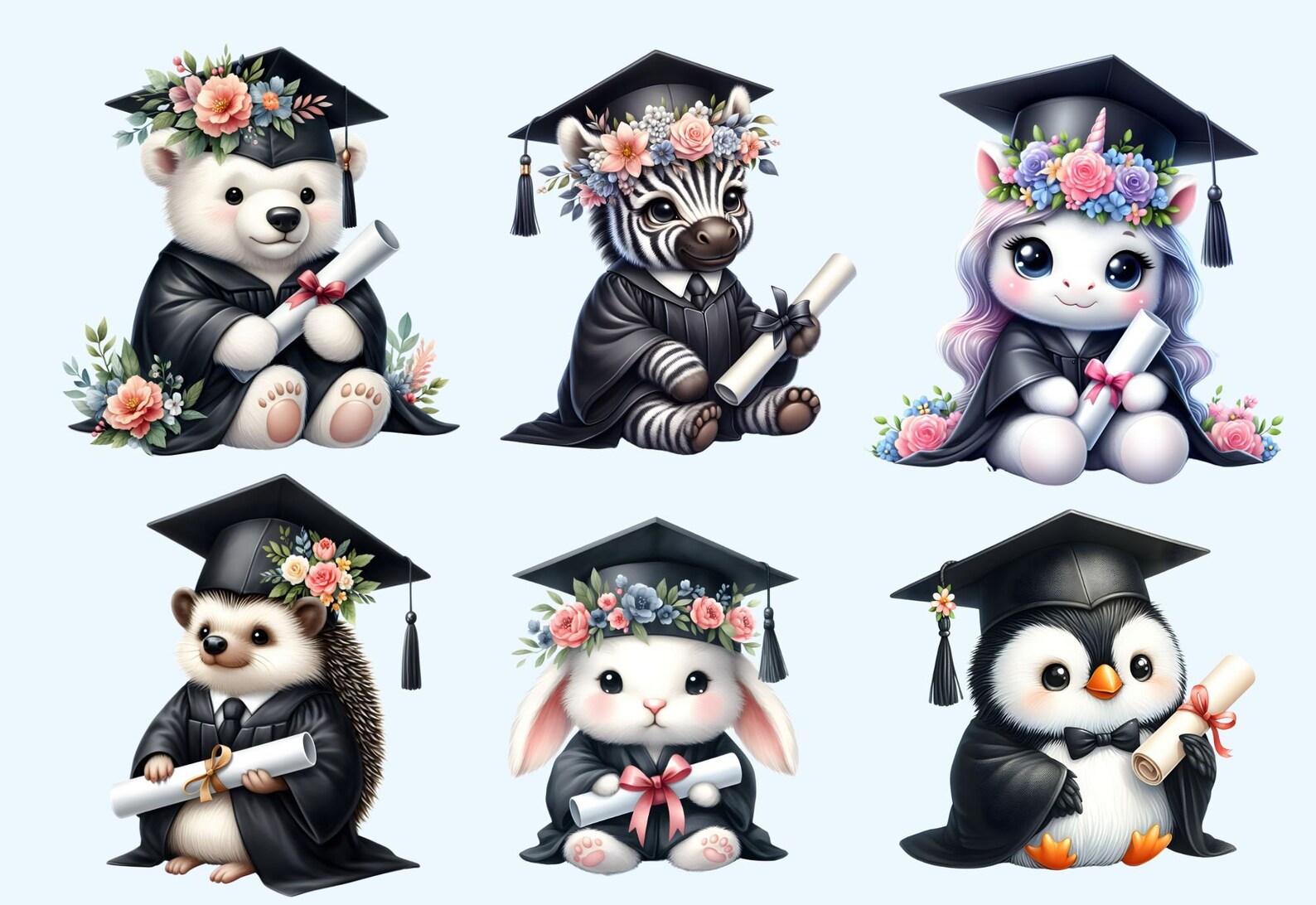 Watercolor Graduation Clipart PNG Bundle, Cute Animal Clipart ...