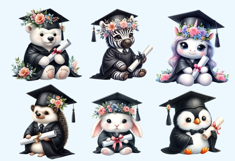Watercolor Graduation Clipart PNG Bundle, Cute Animal Clipart ...