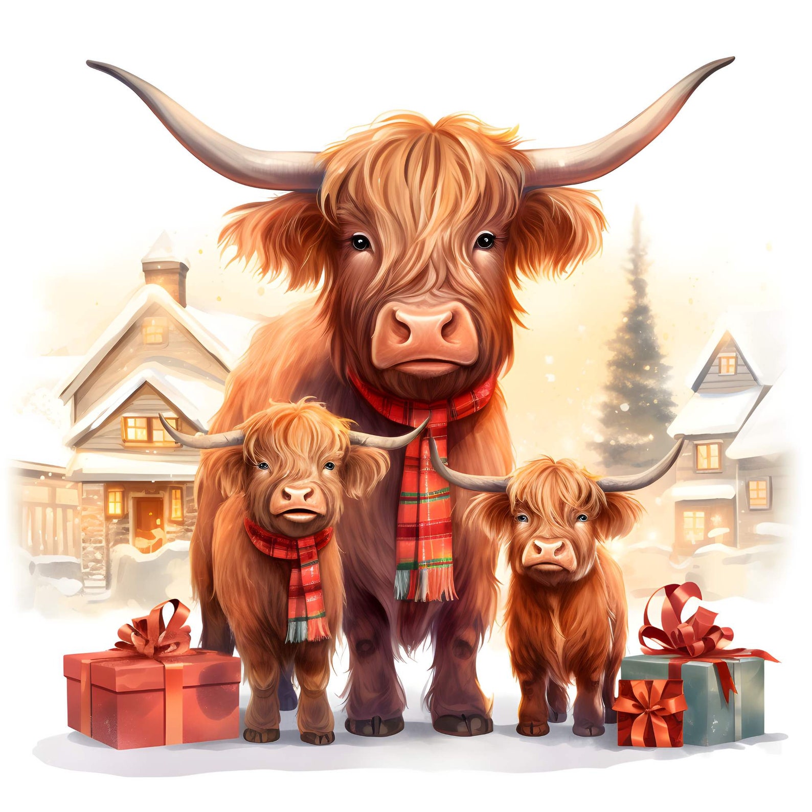 Watercolor Christmas Highland Cow Clipart: Holiday PNG (digital ...