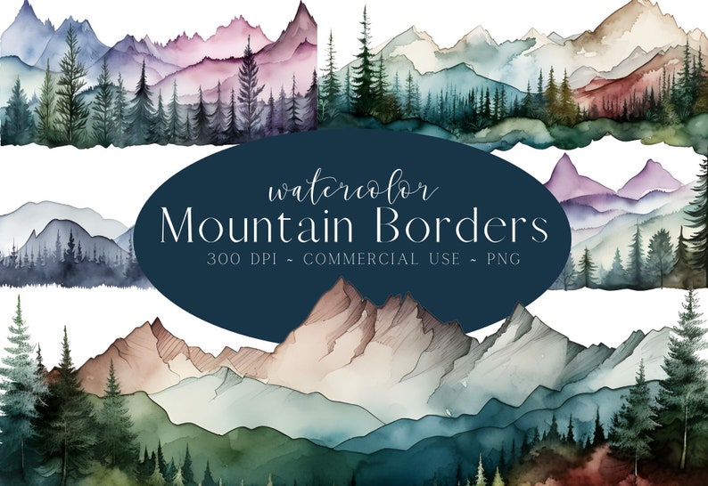Watercolor Mountain Clipart Borders PNG Bundle, Watercolor Digital ...