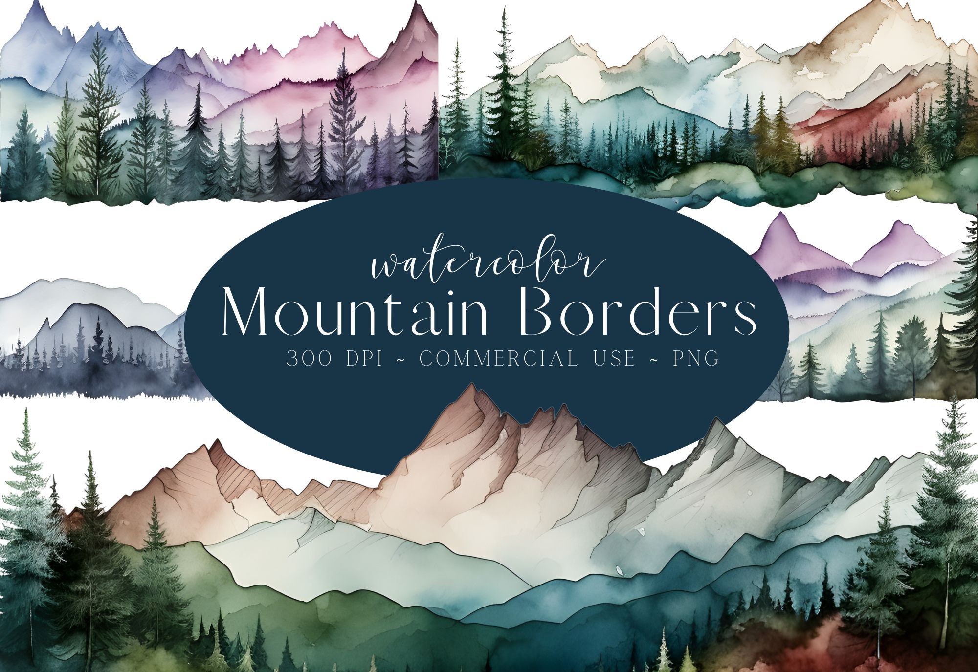 Watercolor Mountain Clipart Borders PNG Bundle, Watercolor Digital ...