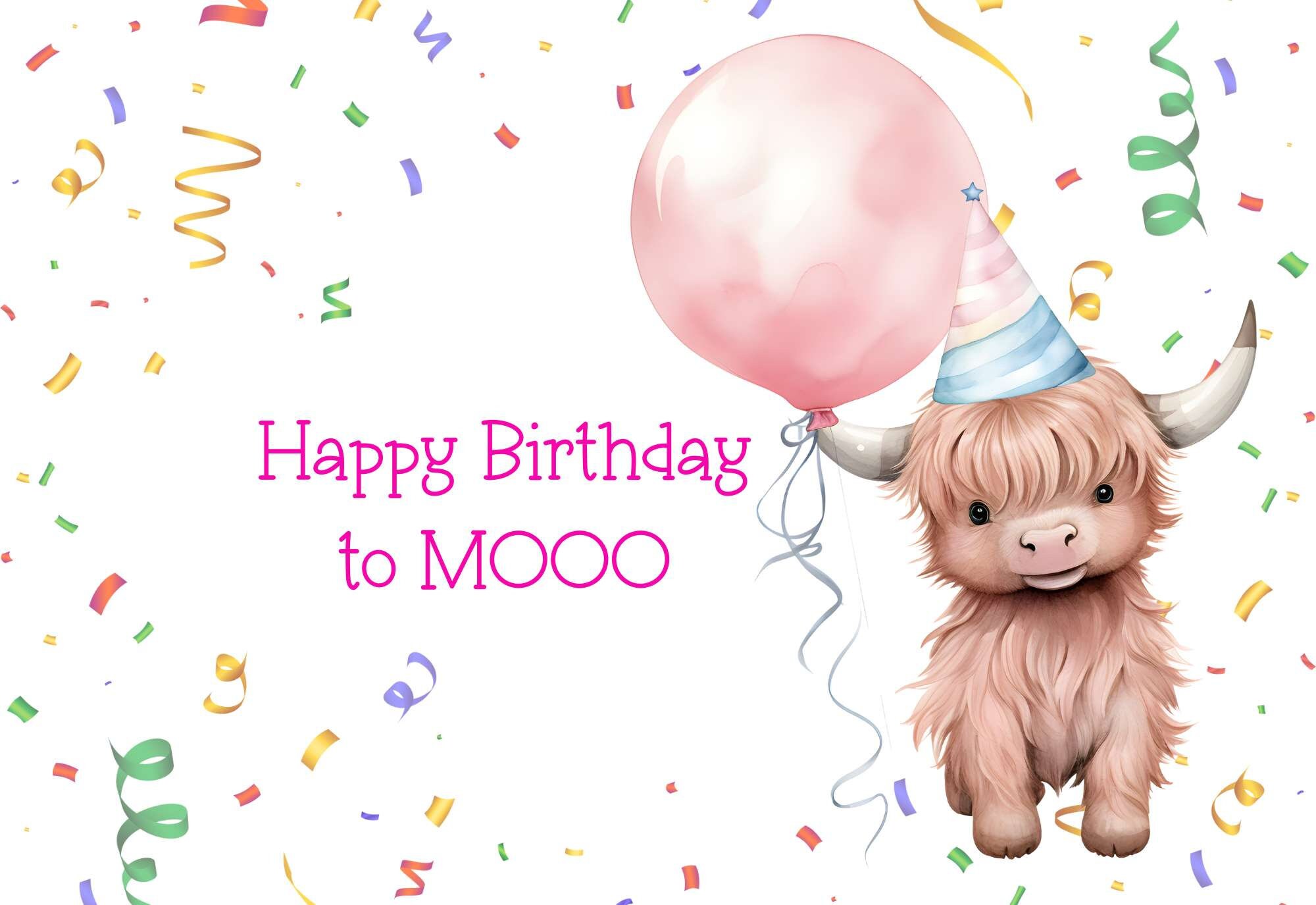 Highland Cow Pink Birthday Clipart Png, Highland Cow PNG, Nursery Print ...