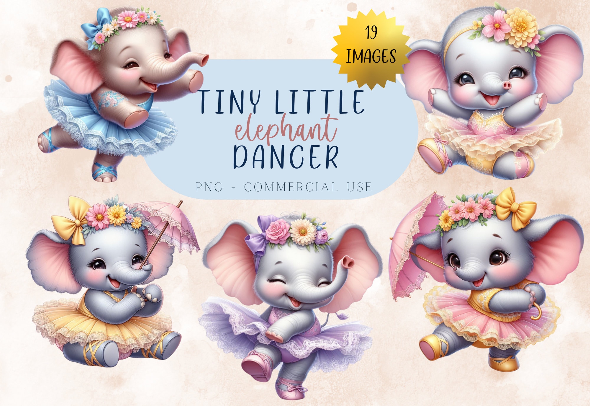 Watercolor Elephant Ballerina Clipart PNG: Dancing Calf With Tutu ...