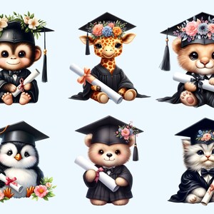 Watercolor Graduation Clipart PNG Bundle, Cute Animal Clipart ...