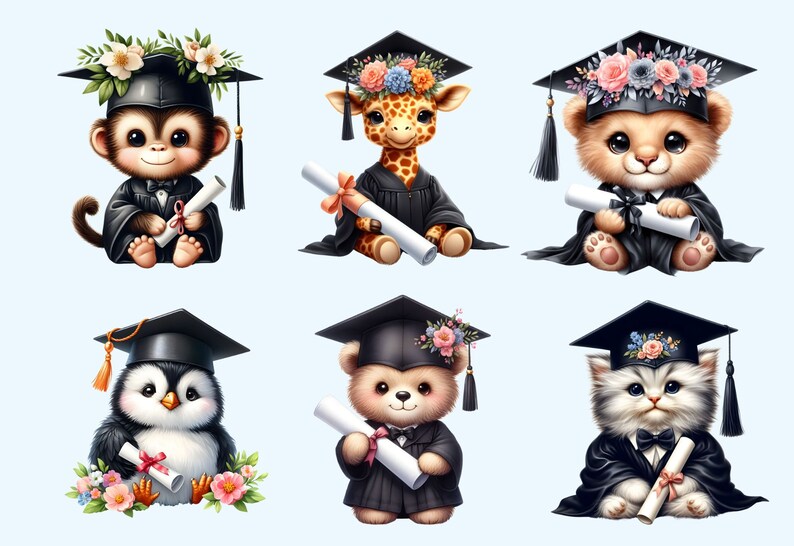 Watercolor Graduation Clipart PNG Bundle, Cute Animal Clipart ...