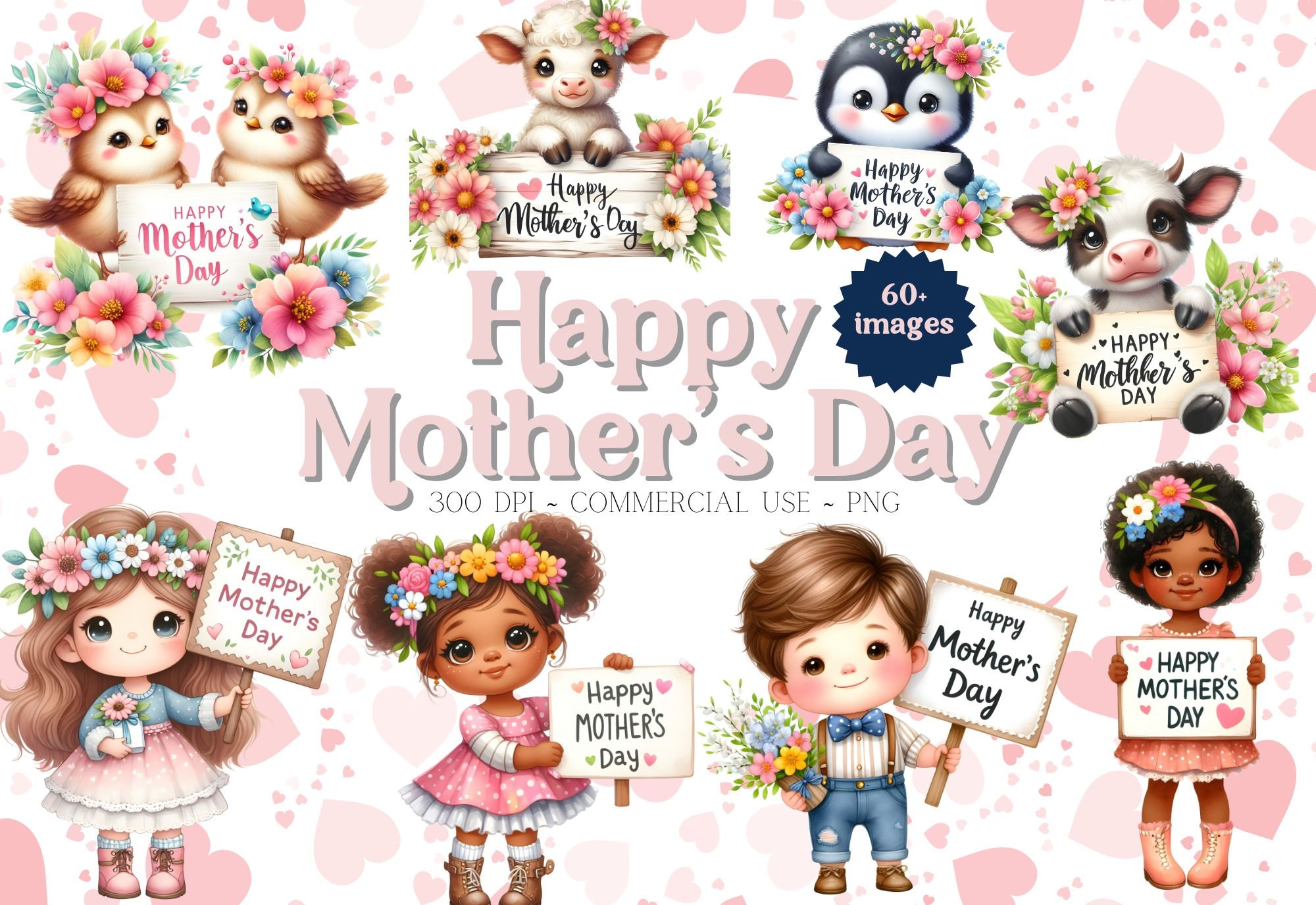 Watercolor Mothers Day Clipart Images, Baby Animals Clipart, Cute ...