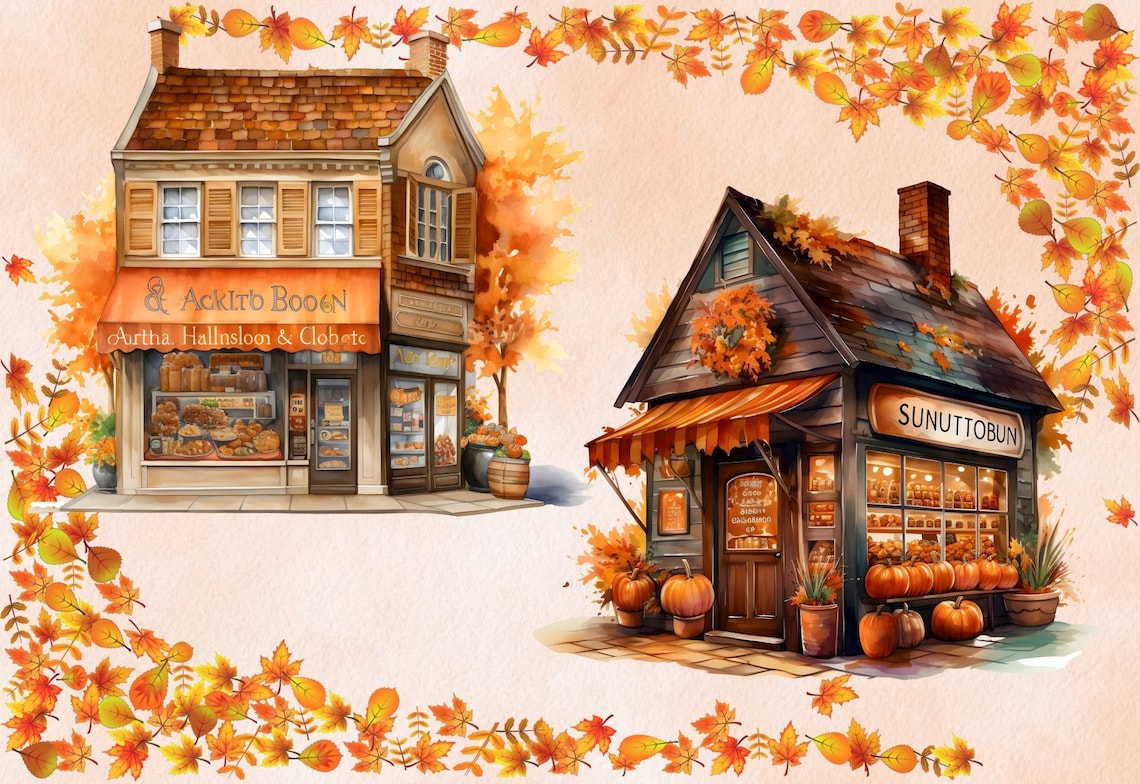 Watercolor Fall Storefronts Clipart Cute Autumn Shops PNG - Etsy