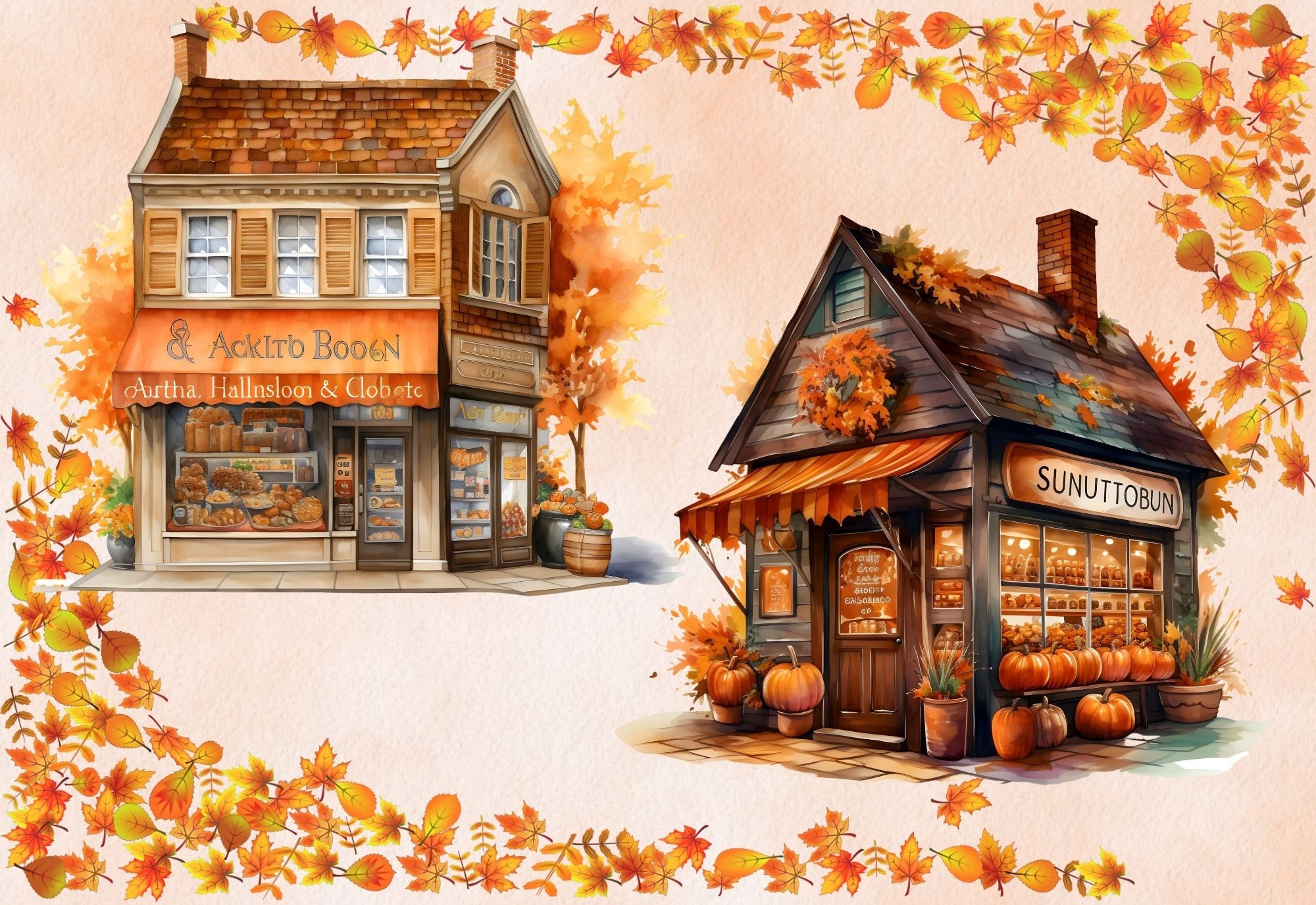 Watercolor Fall Storefronts Clipart Cute Autumn Shops PNG - Etsy