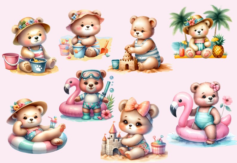 Watercolor Beach Bear Clipart, Watercolor Summertime Bear Clipart, Cute ...