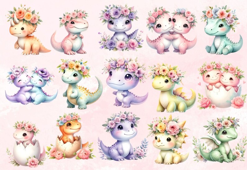 Girly Watercolor Dinosaur Clipart, Dino Clipart PNG, Cute Dinosaur ...