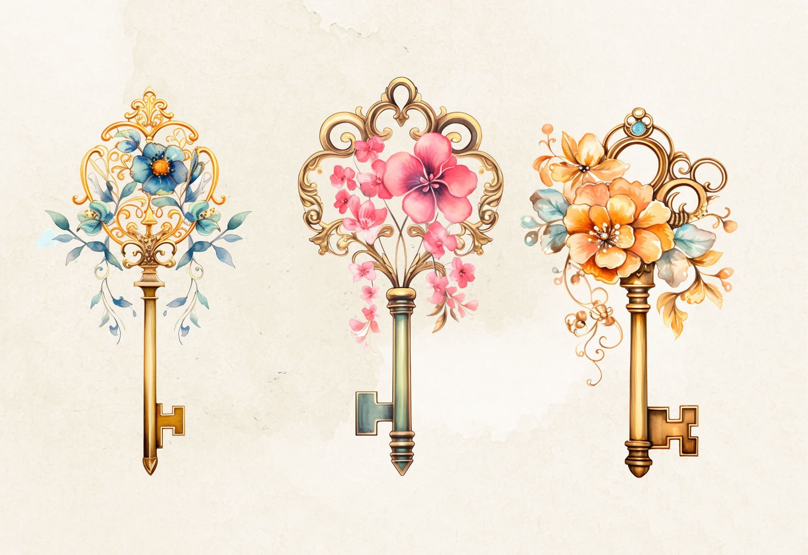 Watercolor Antique Key Clipart, Watercolor Skeleton Key, Floral Key ...