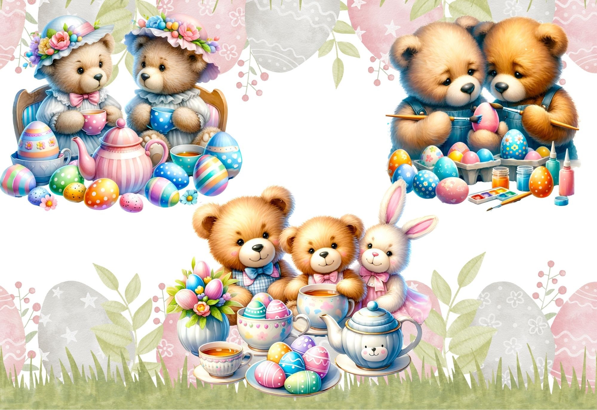 Watercolor Easter Teddy Bear Clipart, Spring Watercolor Clipart, Easter ...