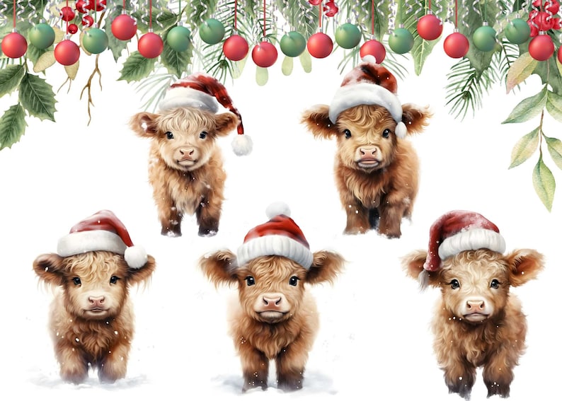 Highland Cow Christmas Clipart Png, Nursery Print, Highland Cow Winter ...