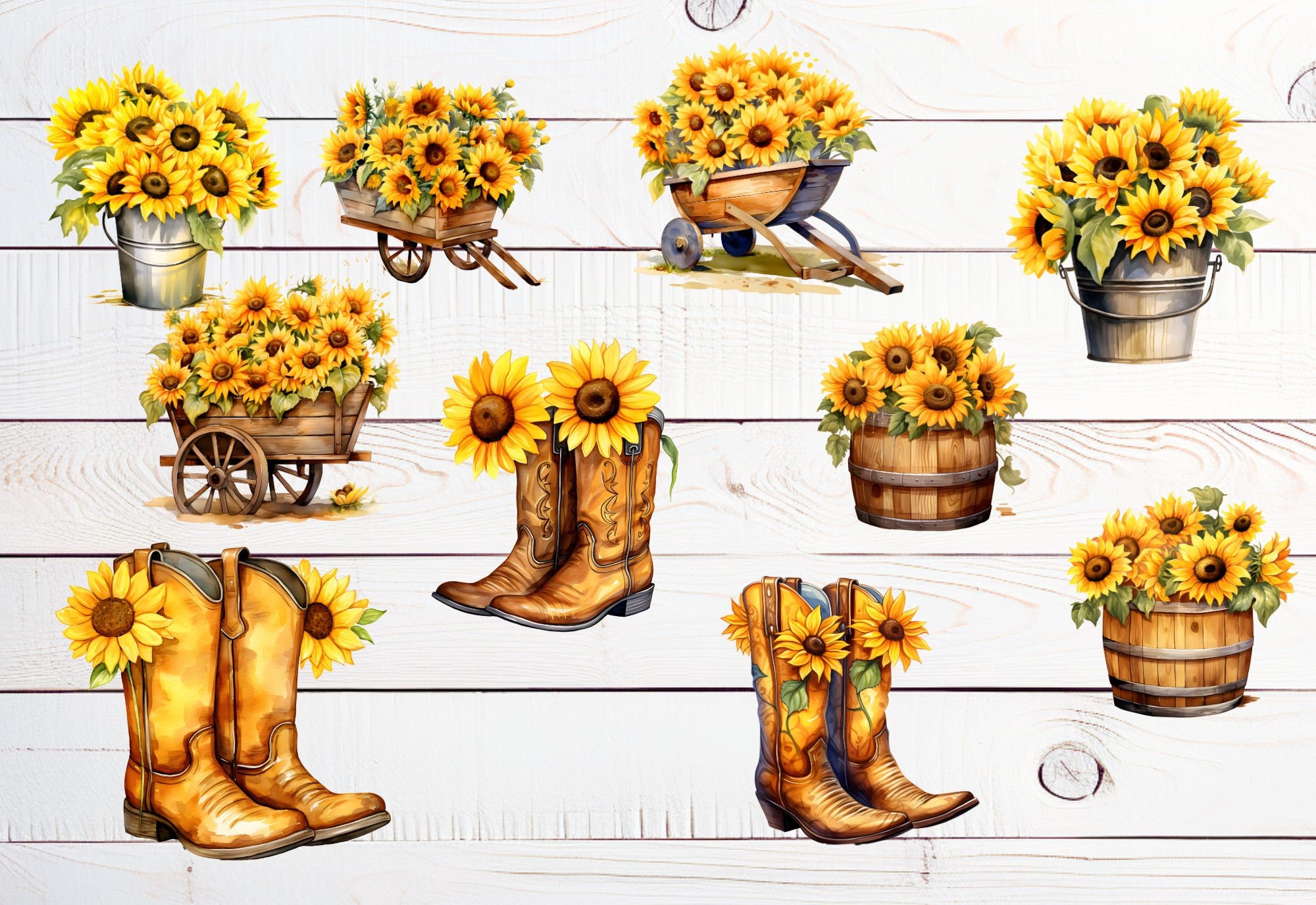 Watercolor Sunflower Clipart Bundle Sunflower PNG Rustic Wedding Boho ...