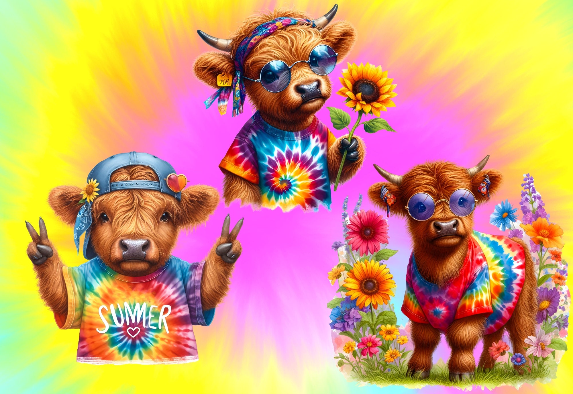 Retro Highland Cow Clipart: Groovy Hippie PNG Bundle (commercial Use ...