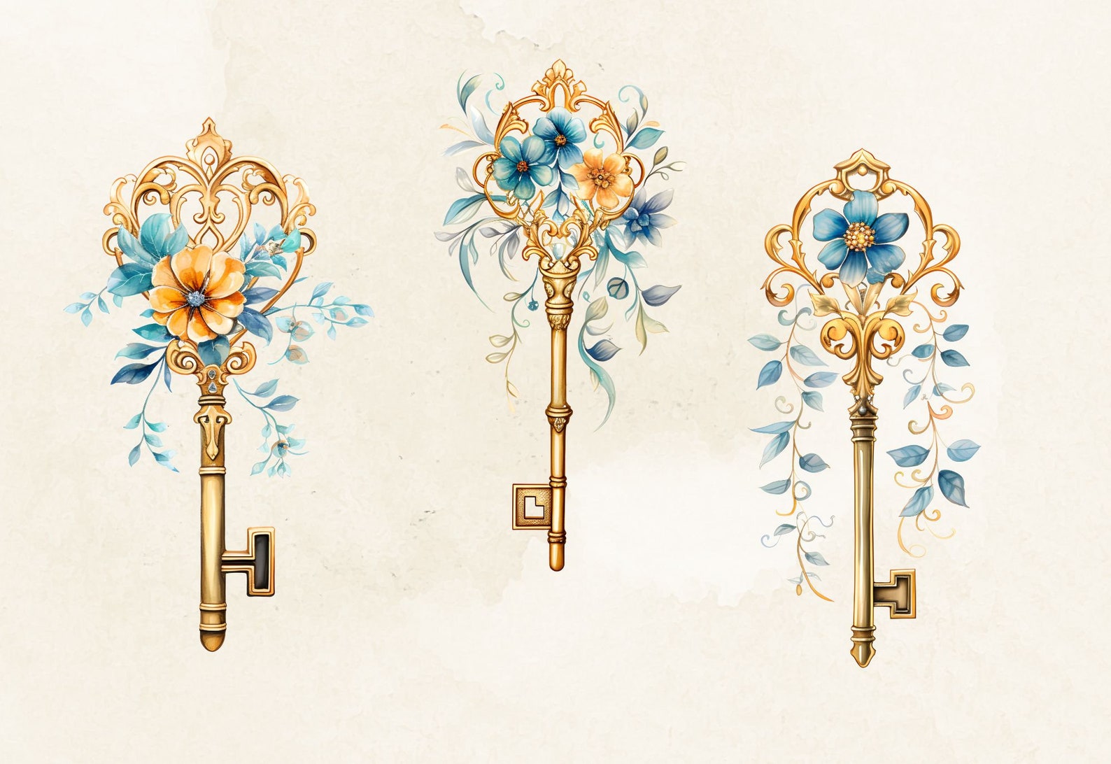 Watercolor Antique Key Clipart, Watercolor Skeleton Key, Floral Key ...