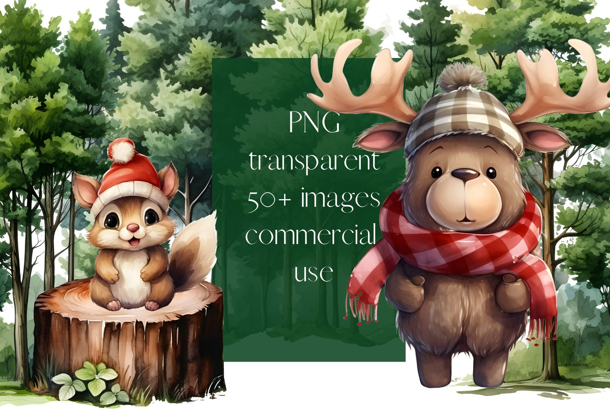 Woodland Christmas Clipart, Watercolor Winter Christmas Animals, Cute ...