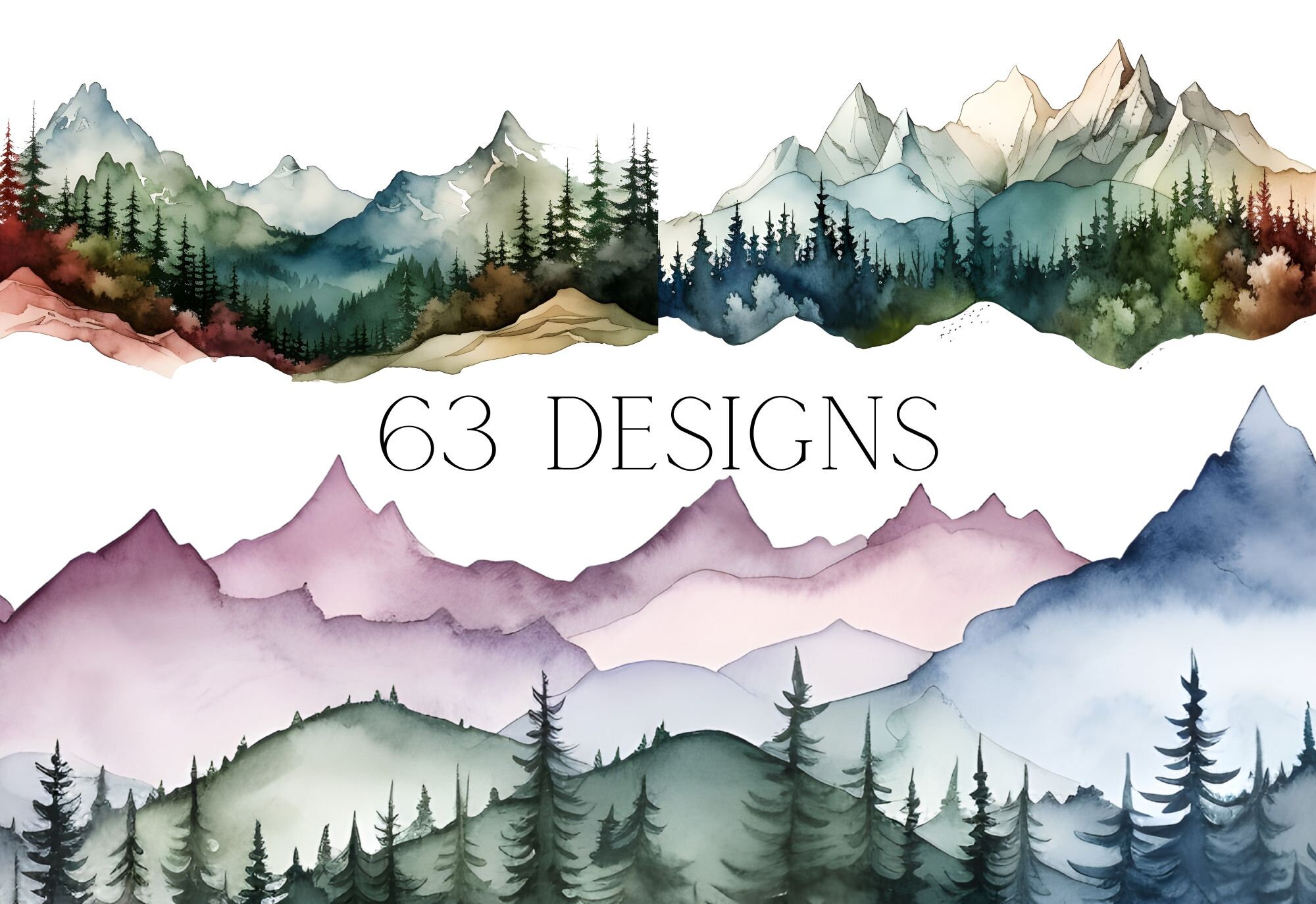 Watercolor Mountain Clipart Borders PNG Bundle, Watercolor Digital ...