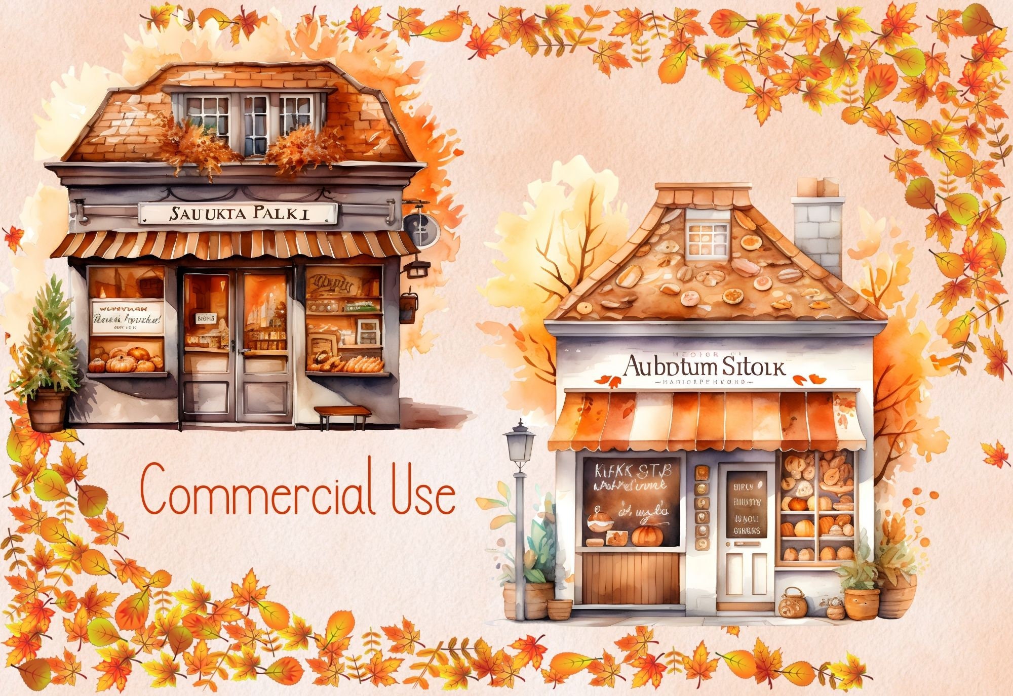 Watercolor Fall Storefronts Clipart Cute Autumn Shops PNG - Etsy