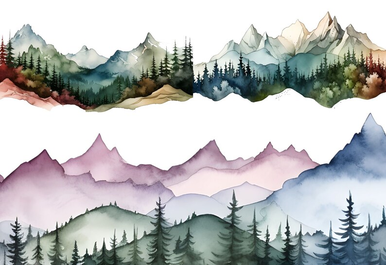 Watercolor Mountain Clipart Borders PNG Bundle, Watercolor Digital ...