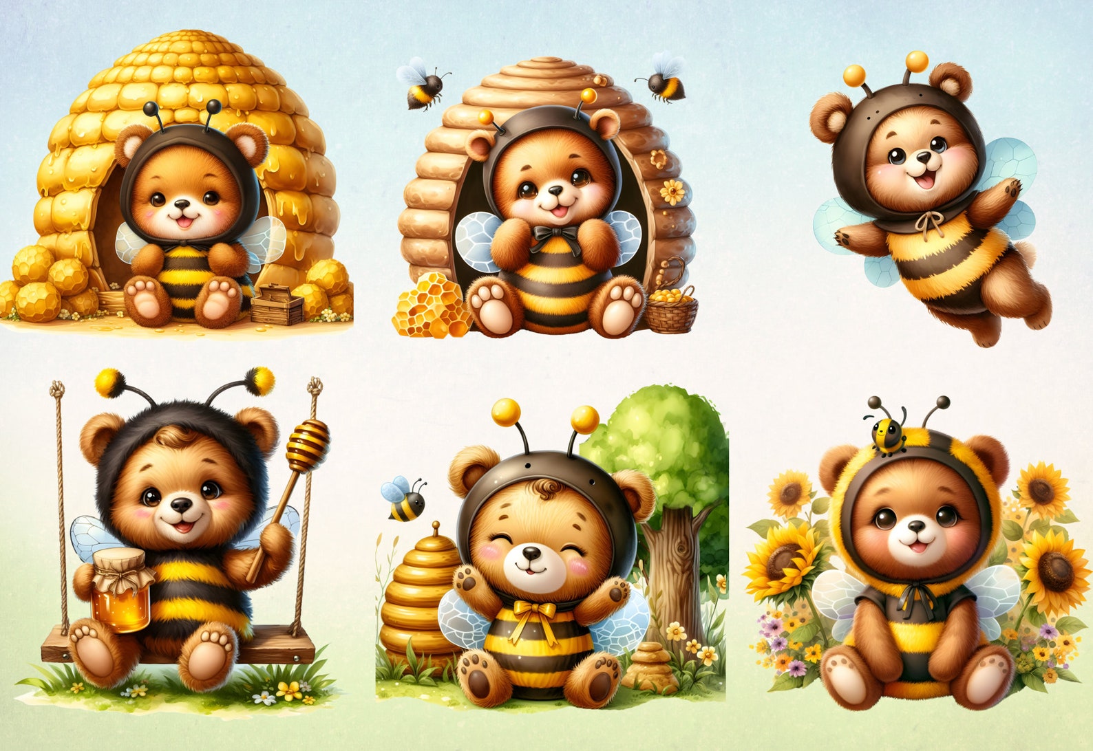 Watercolor Bumble Bee Bear Clipart, Cute Bear Clipart, Bumble Bee ...