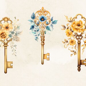 Watercolor Antique Key Clipart, Watercolor Skeleton Key, Floral Key ...