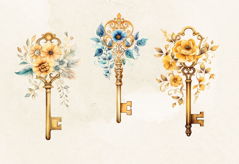 Watercolor Antique Key Clipart, Watercolor Skeleton Key, Floral Key ...