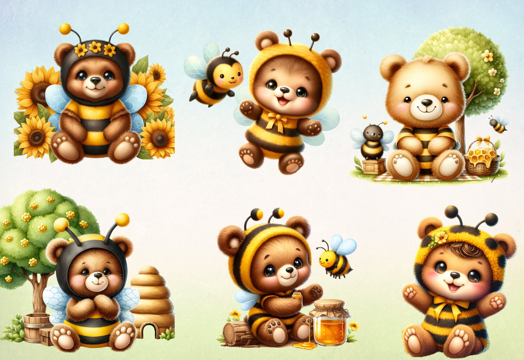 Watercolor Bumble Bee Bear Clipart, Cute Bear Clipart, Bumble Bee ...