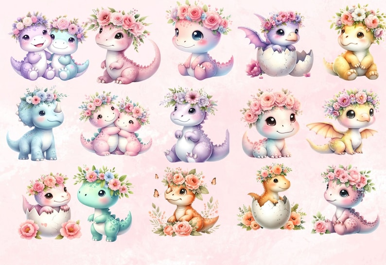 Girly Watercolor Dinosaur Clipart, Dino Clipart PNG, Cute Dinosaur ...