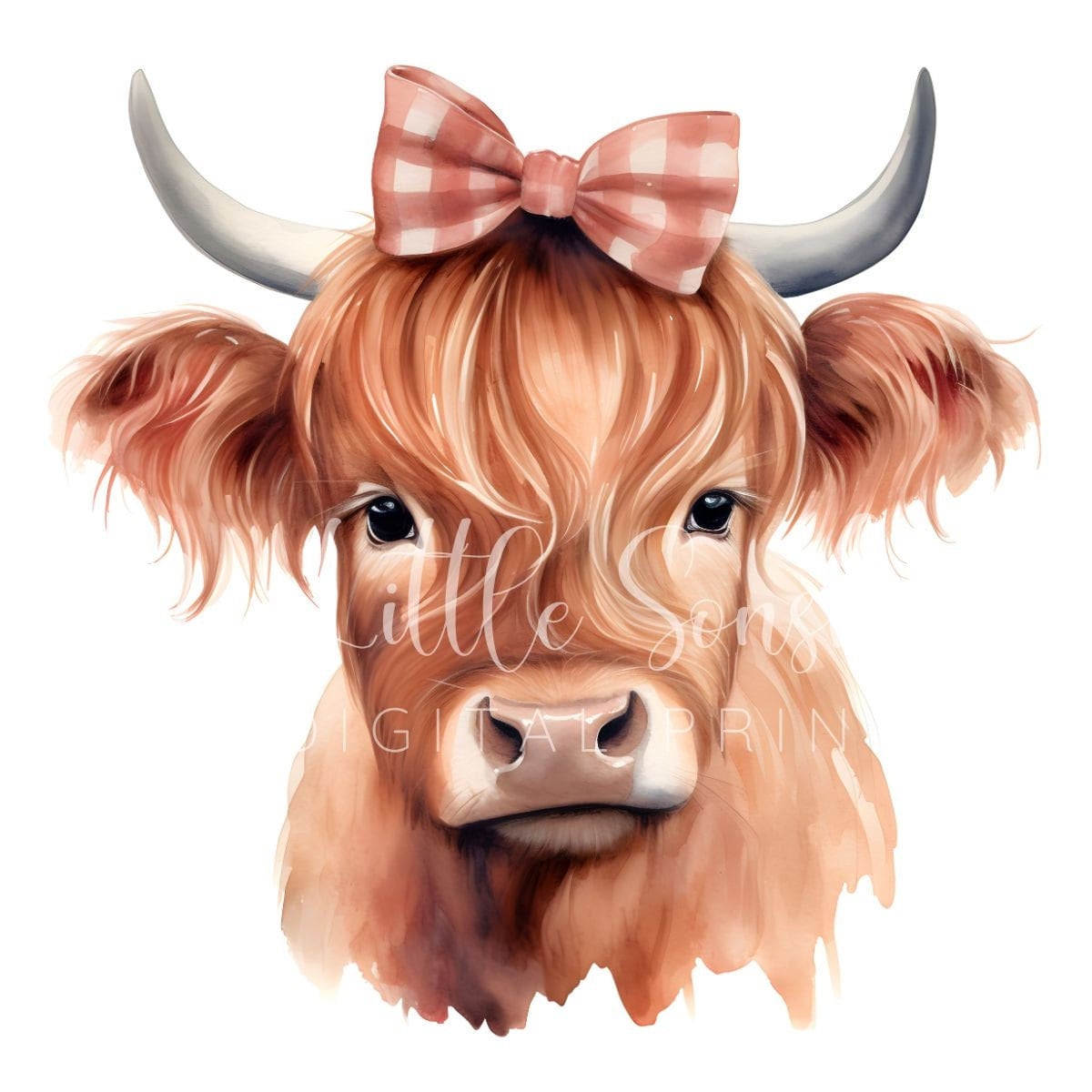 Girl Highland Cow Wearing Hairbow Png, Highland Cow Watercolor Clipart ...