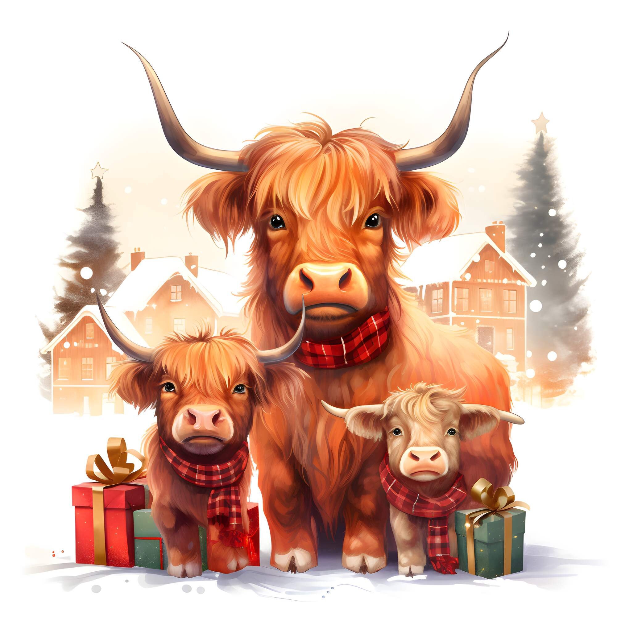 Watercolor Christmas Highland Cow Clipart: Holiday PNG (digital ...
