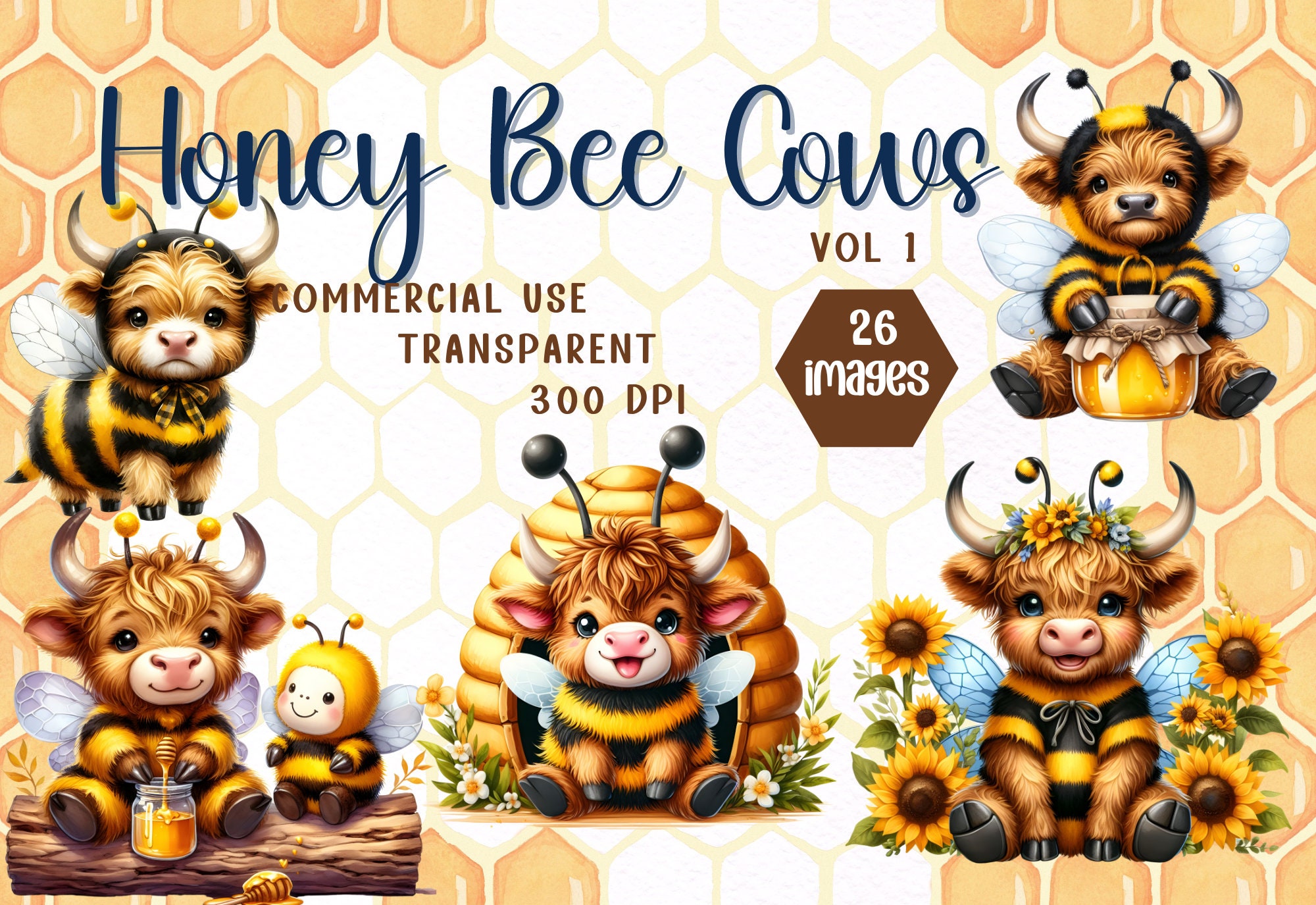 Bumble Bee Highland Cow Clipart, Watercolor Honey Bee Highland Cow ...