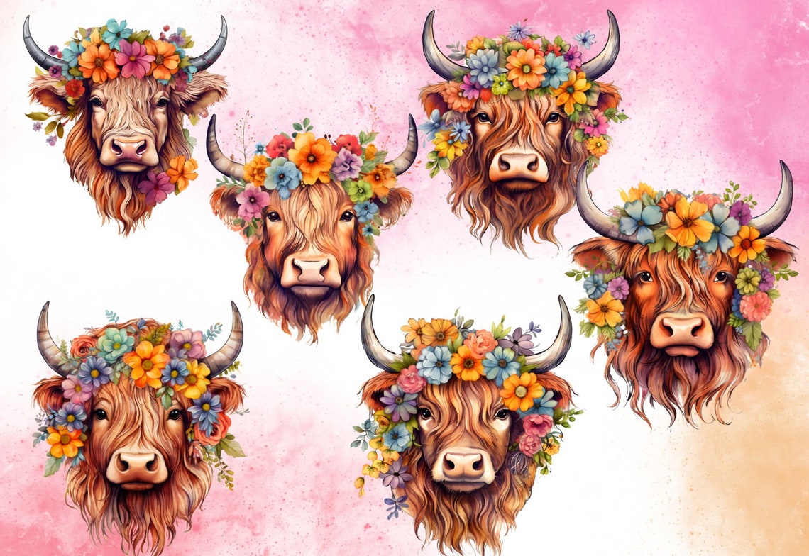 Highland Cow Floral Crown Clipart Png Hippie Cow Highland - Etsy