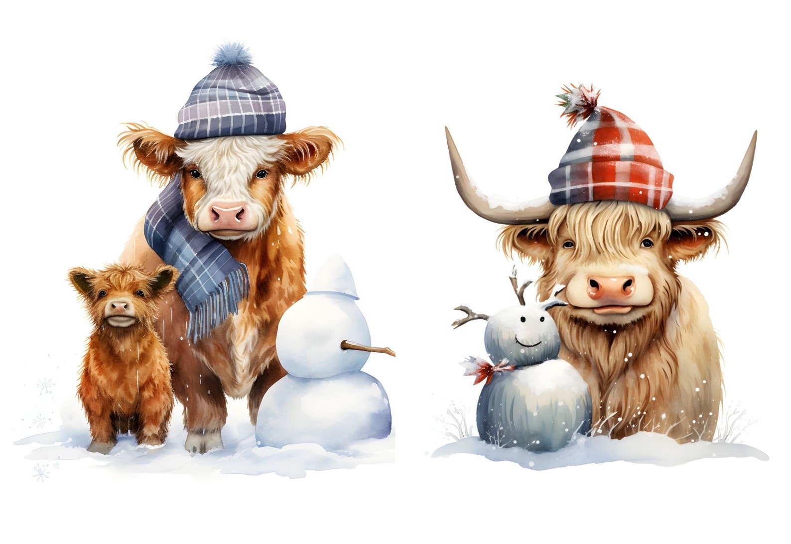 Watercolor Highland Cow Winter Clipart: Snowman Nursery Print (PNG) - Etsy