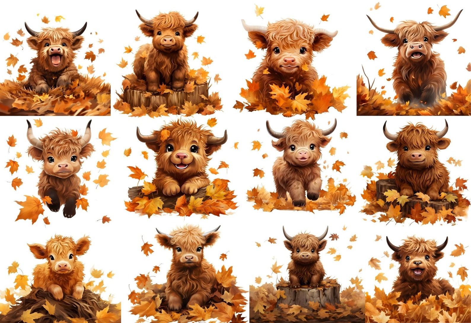 Highland Cow Fall Leaves Clipart, Highland Cow Png Clipart, Watercolor ...